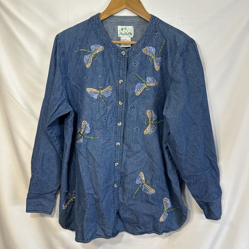 The Quacker Factory Denim Shirt Size L Embroidered Dragonfly Long ...