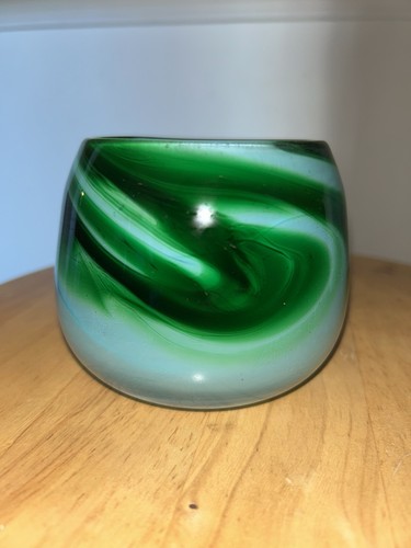 Mary Ellen Graham Signed 2002 Art Glass Green Swirl Votive Candle ...