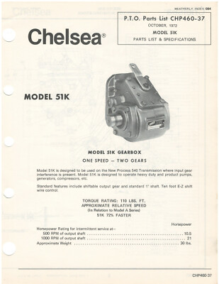 1972 Chelsea Model 51K Power Take-Off Parts List & Specs (CHP460-37 ...
