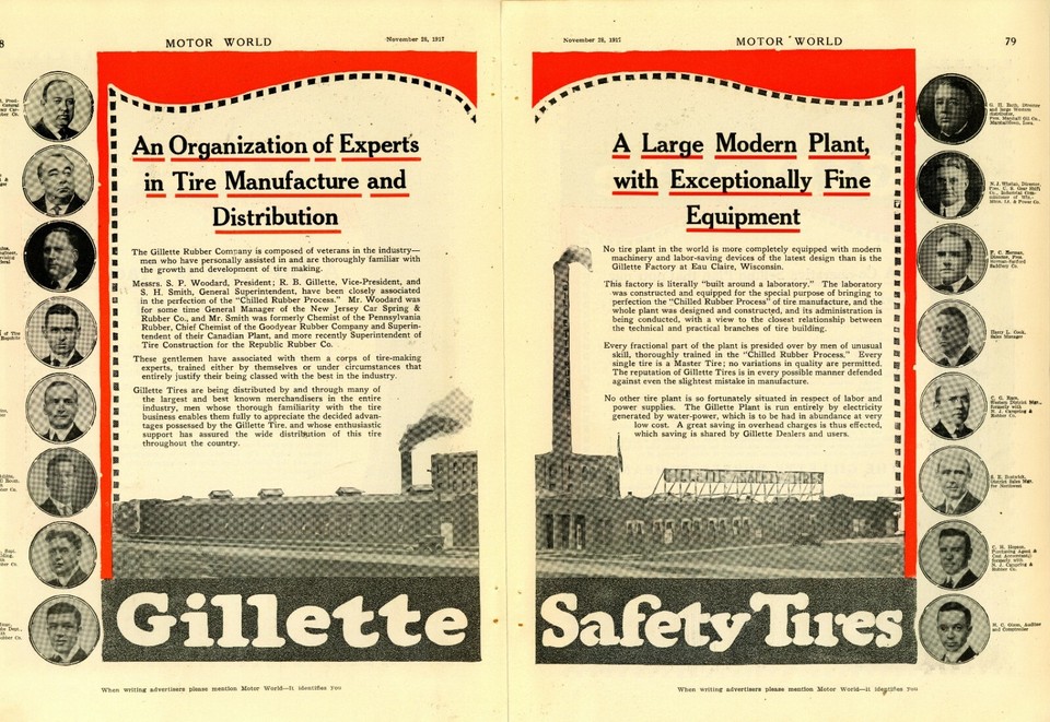 1917 Gillette Tires 4 Pg (2pg F & B) Print Ad: Factory & Co. Officers ...
