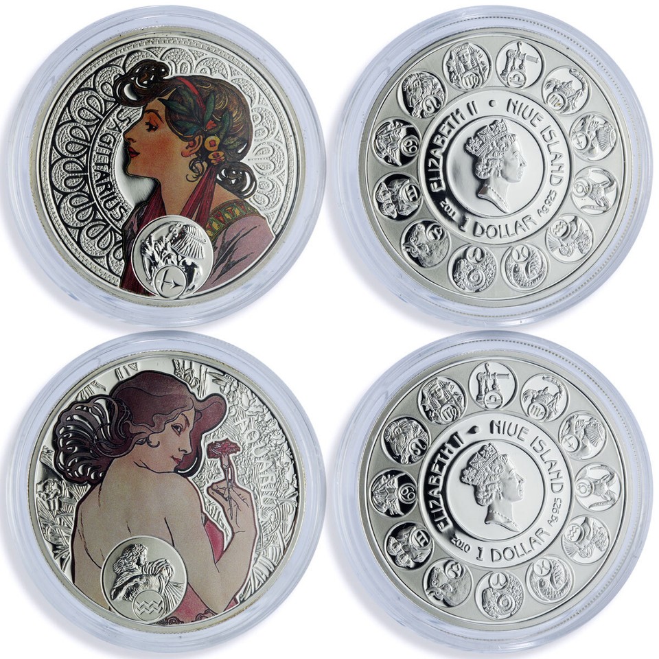 Niue 1 dollar set of 12 Zodiac Signs Mucha Color proof silver coins ...