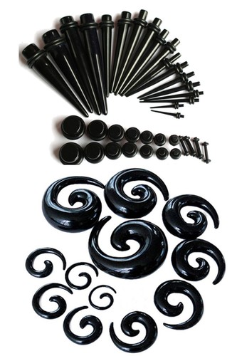 48pc Starter Black Ear Stretching Kit Set 00G-14G Tapers Plugs Spirals ...