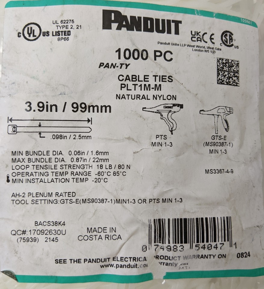 1000 Panduit PLT1M-M Cable Ties Pan-Ty 3.9" 18LB Natural Nylon 0.87" Bun.Dia NEW | eBay