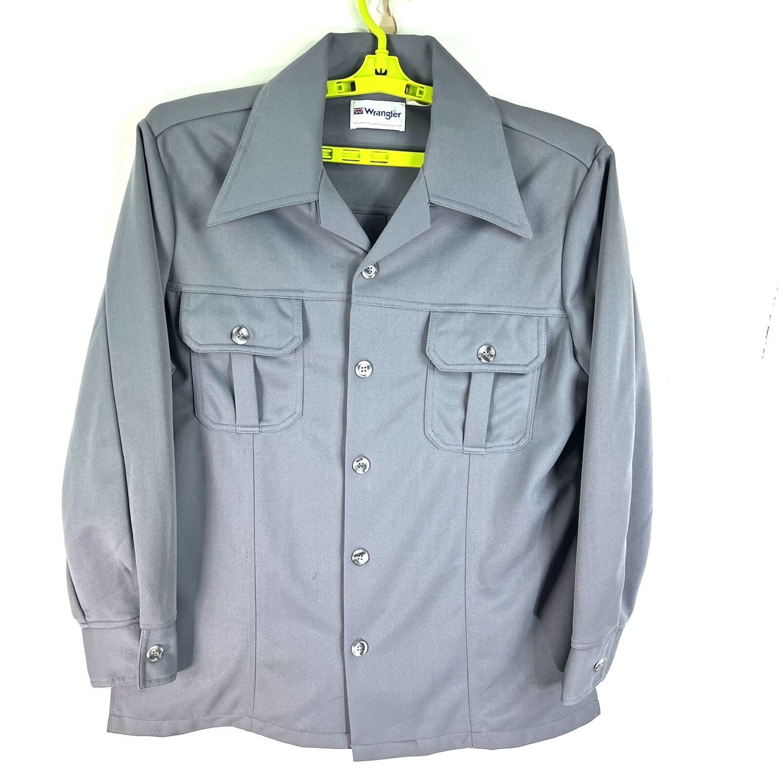 Vintage Wrangler Polyester Button Up Shirt Mens Size L Gray Long Sleeve ...