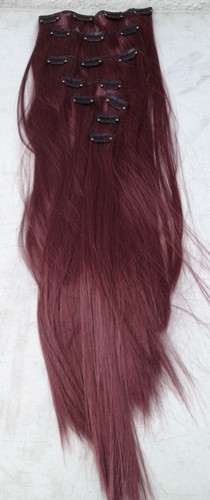 cherry red 7 pcs set straight 20" long clip in on hair extension heat ...