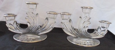 VINTAGE PAIR FOSTORIA GLASS SILVER OVERLAY POPPY 3 ARM CANDLE STICKS ...