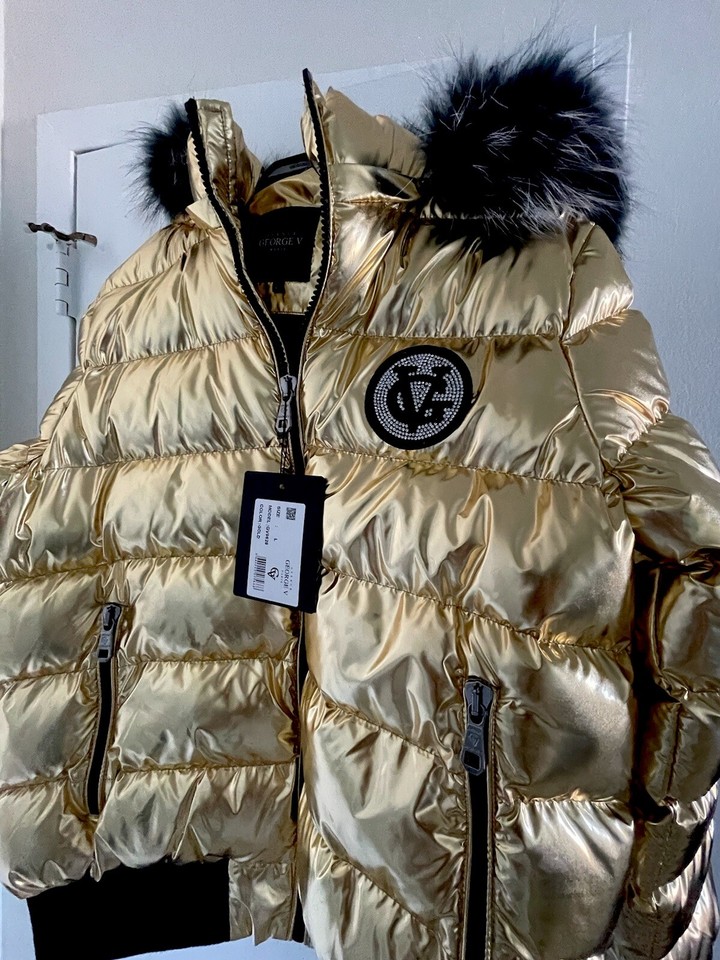 Avenue George V Paris Puffer Jacket Gold Rhinestone High Fur on Hood ...