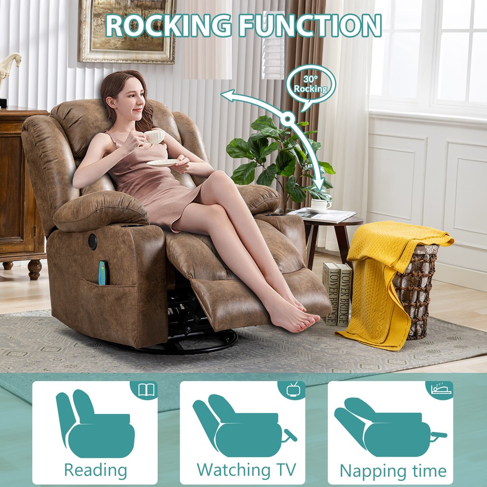 Massage Swivel Rocker Recliner, 360°Swivel Reclining Chair W/Heat and ...