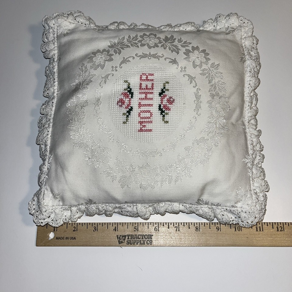 Small Vintage Cross Stitch Decorative Throw Pillow Mother Flowers Lace ...