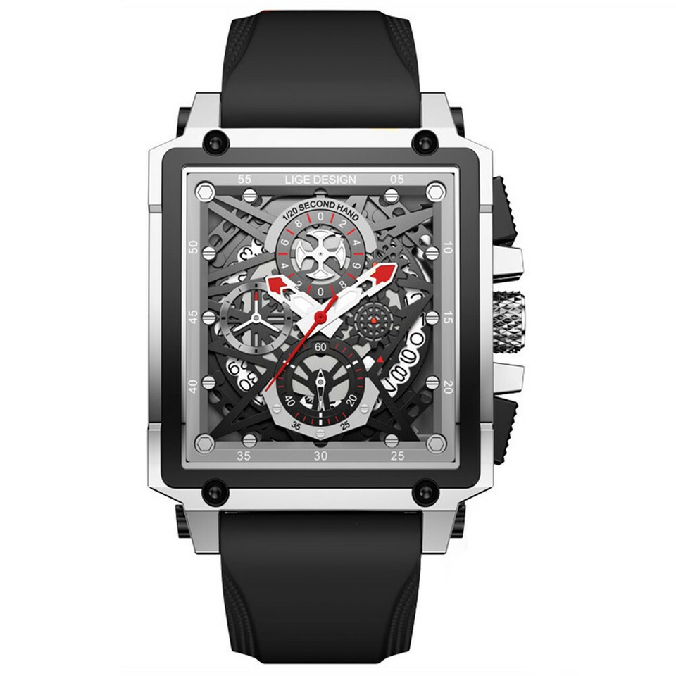 LIGE Men Watch Rectangle Sport Quartz Wristwatch Red Rubber Strap Males ...
