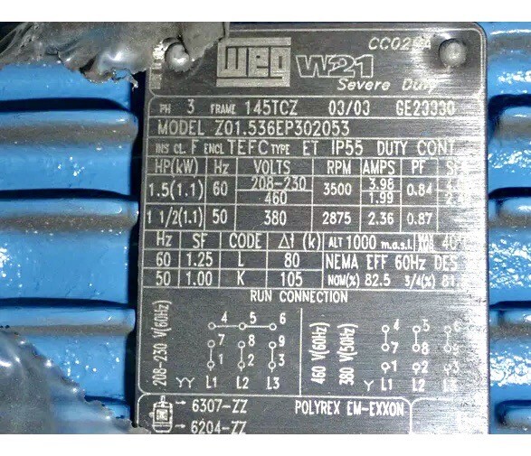 WEG W21 SEVERE DUTY MOTOR 1.5HP RPM 3500 3 Ph 145TCZ 208/230-460 Z01 ...