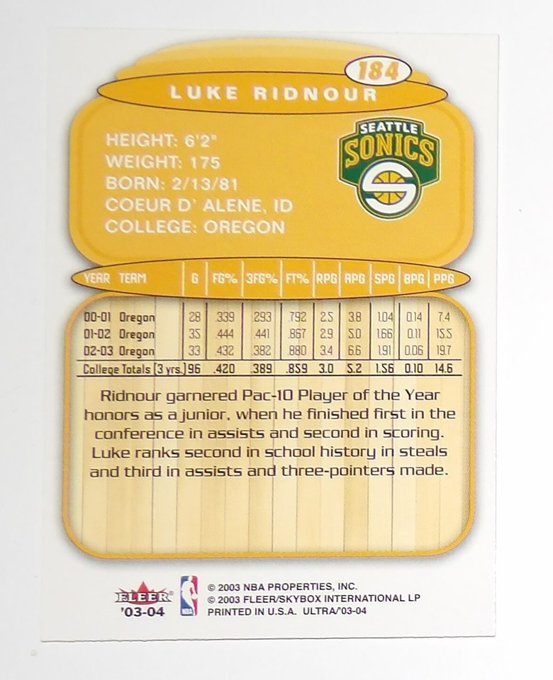 Seattle Sonics 2003-04 Fleer Ultra Luke Ridnour #184 Oregon Rookie FREE ...