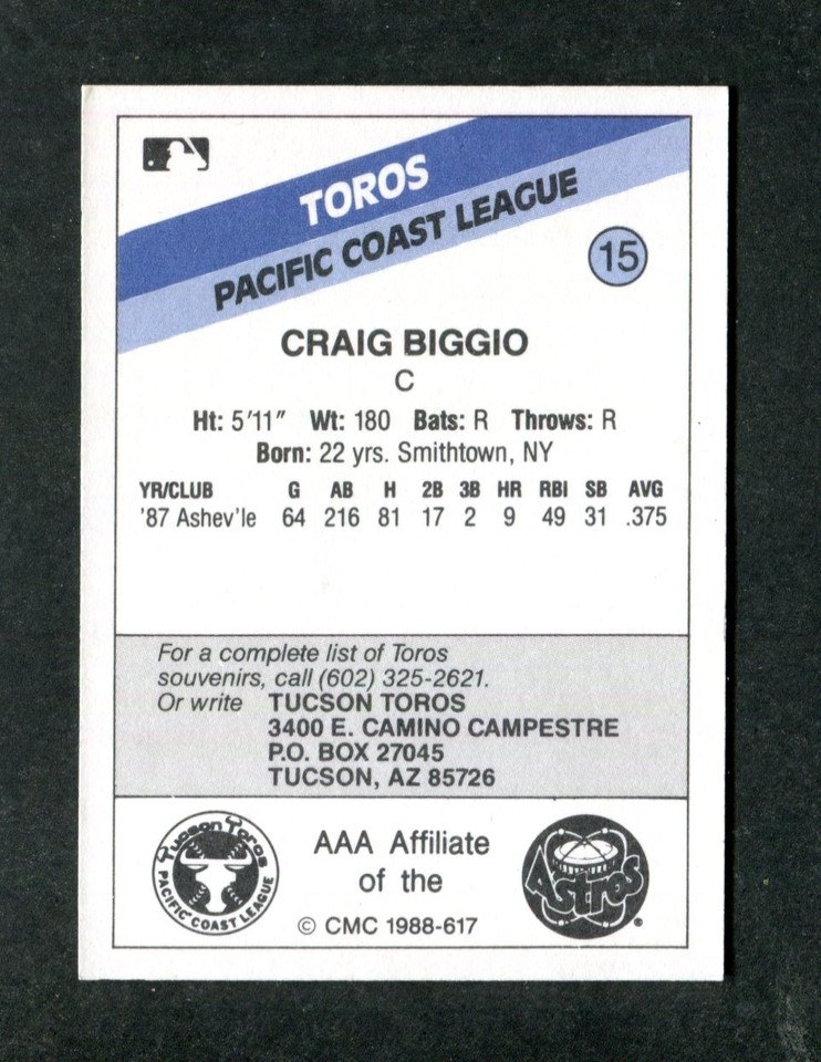 1988 Tucson Toros PCL Craig Biggio Minor League Baseball Rookie Card ...