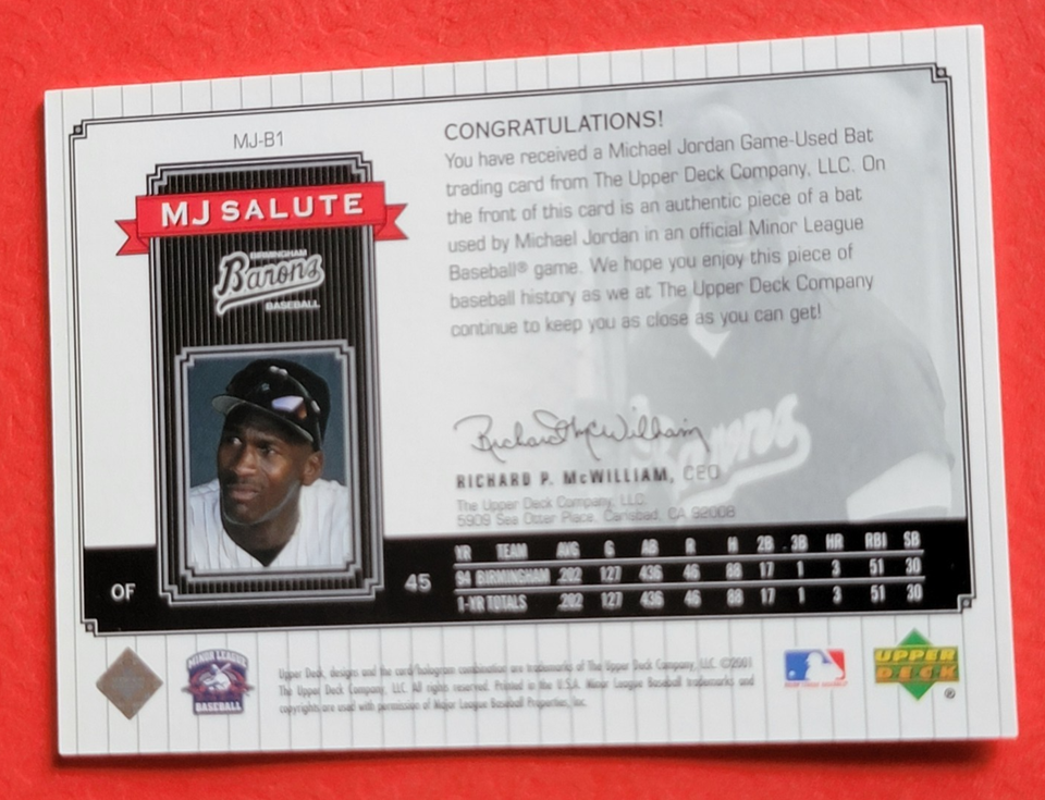 Michael Jordan GAME USED BAT CARD 2001 UPPER DECK MJ SALUTE SIGN WHITE ...