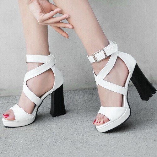 Womens Gladiator Sandals Ankle Strap High Block Heel Plus Size Party Pumps Shoes | eBay