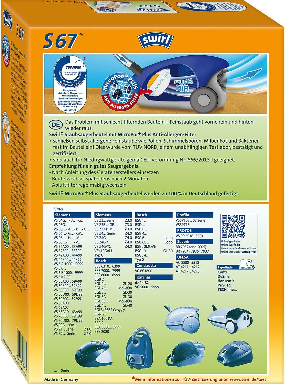 Swirl S67 4x microfibre vacuum cleaner bags Siemens Bosch Ufesa Karcher ...