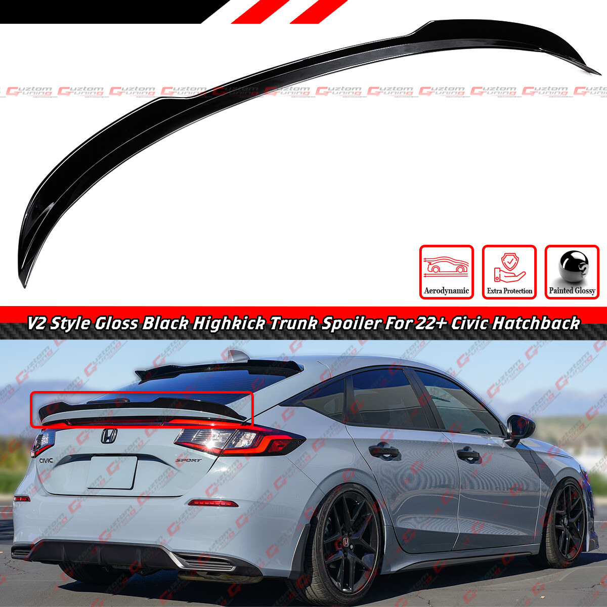 FOR 22-26 Civic Hatchback FL2 FL5 V2 Gloss Black Extended HighKick ...