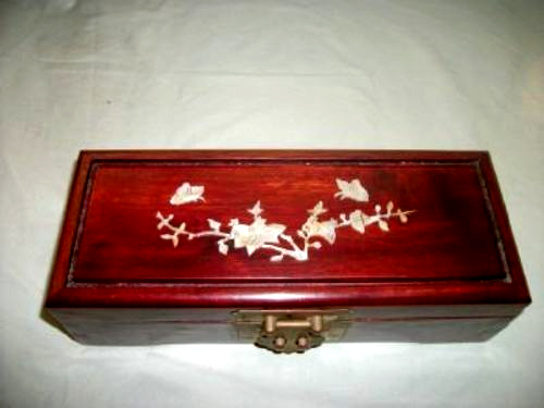 Vintage Chinese MOP Rosewood Box Brass Hardware Floral Butterfly Silk ...