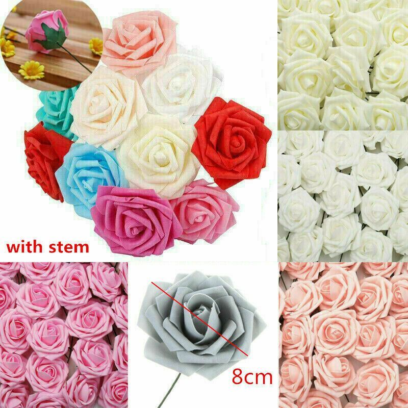 Flowers 50pcs Artificial Foam Rose Fake Flower With Stem Wedding ...