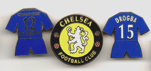 Three mixed Vintage Chelsea badges including CHAMPIONS of EUROPE 2012 ...