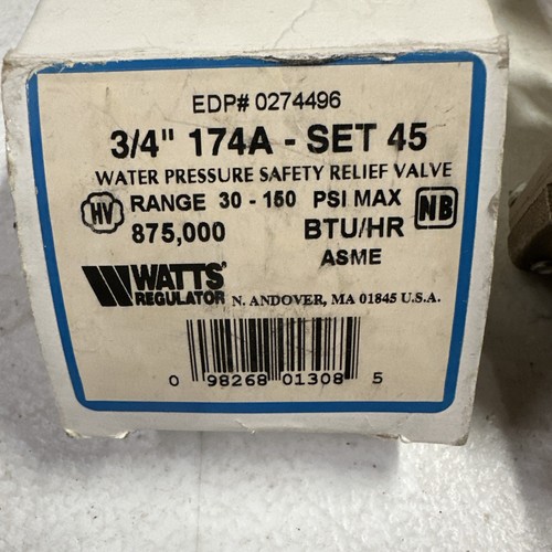 Watts 0274496 3/4” 174A Set 45 Water Pressure Relief Valve 30-150PSI | eBay