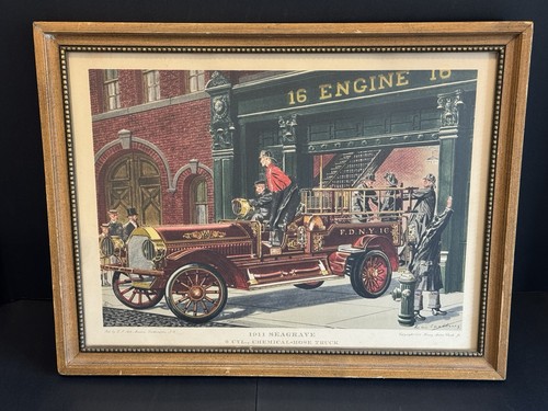 Vintage Fireman Firetruck 1911 Seagrave Framed Print 1952 Henry Austin ...