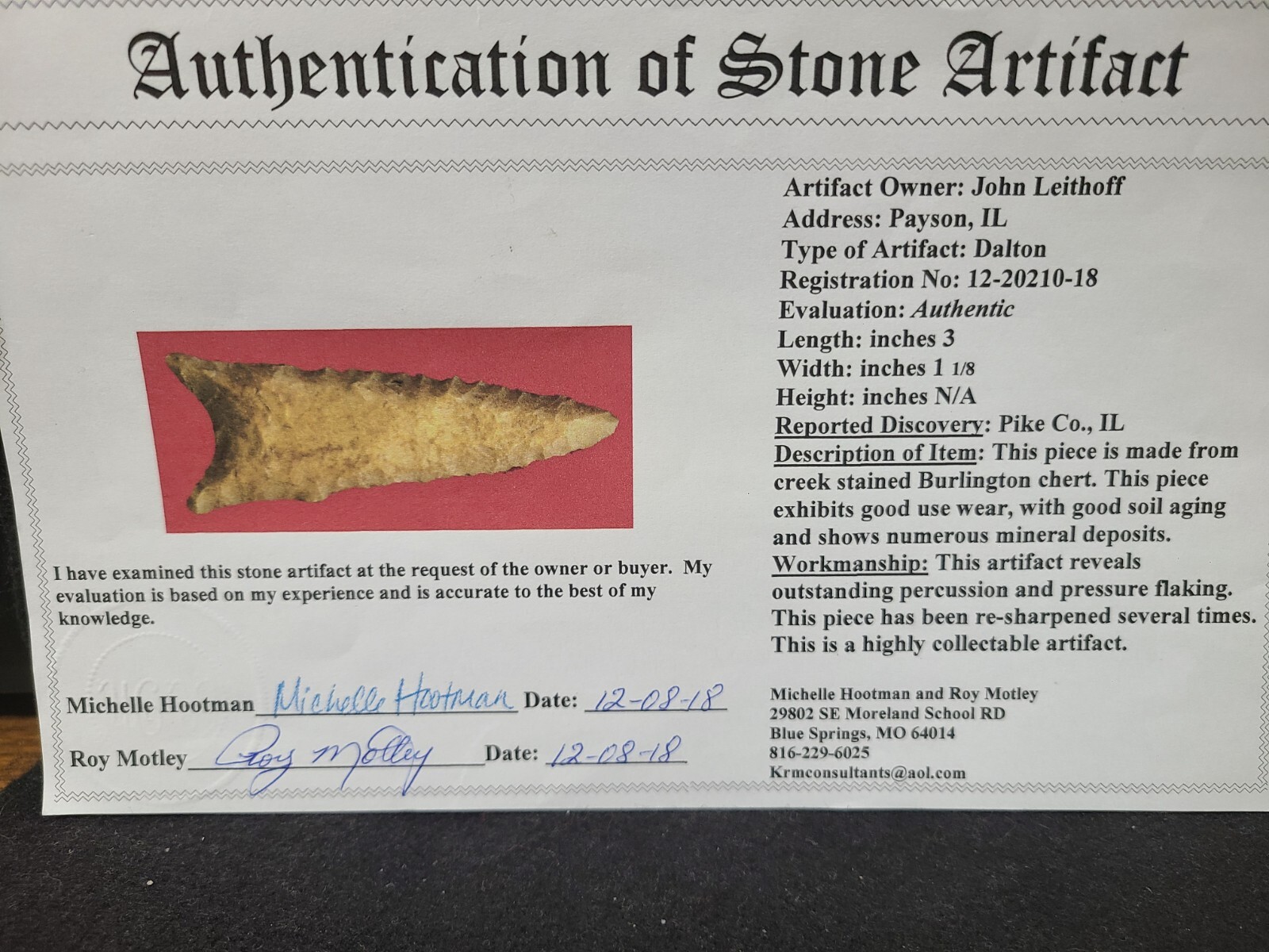 AUTHENTIC DALTON ARROWHEAD PRE 1600 WITH ROY MOTLEY COA | eBay