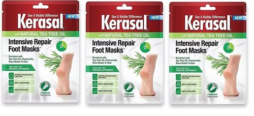 LOT OF 3 - Kerasal INTENSIVE Repair FOOT MASKS Cracked Heels TEA TREE ...