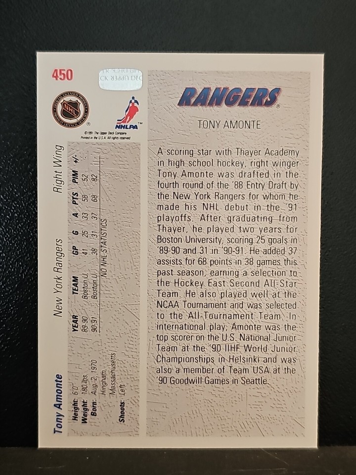 1991-92 Upper Deck #450 Tony Amonte SR RC RANGERS | eBay