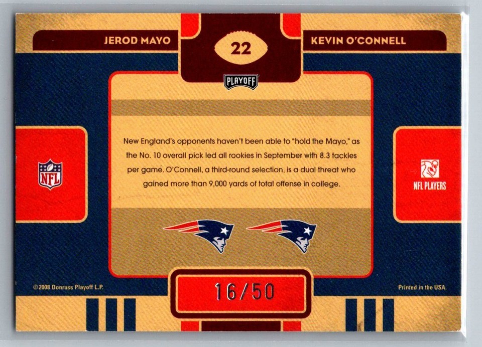 2008 Playoff Contenders Dual Rookie Numbered /50 #22 Mayo / O'Connell ...