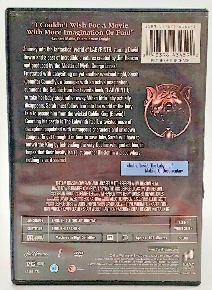 Labyrinth (DVD, 1986) David Bowie Jim Henson George Lucas 43396434592| eBay