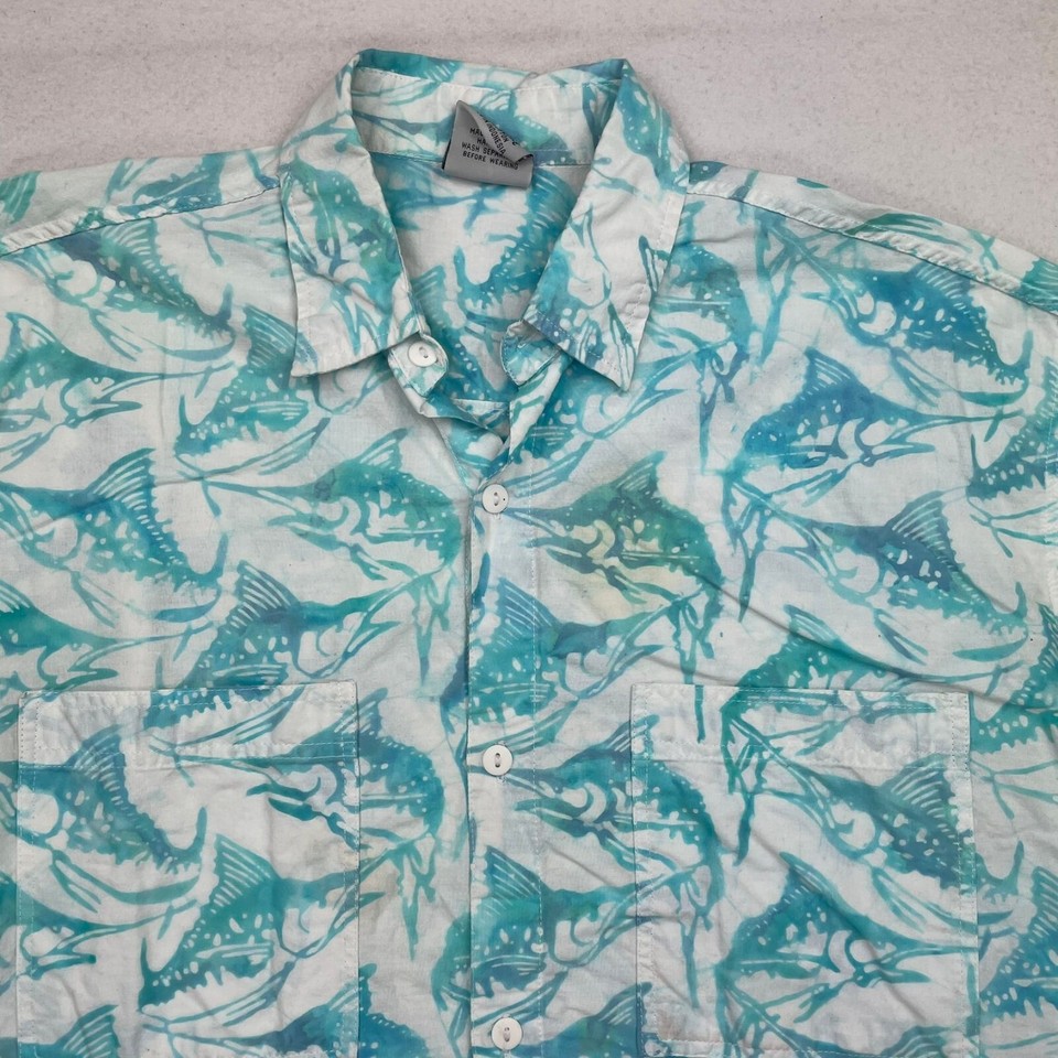Rum Reggae Mens White Blue Fish Print Short Sleeve Button Up Hawaiian ...