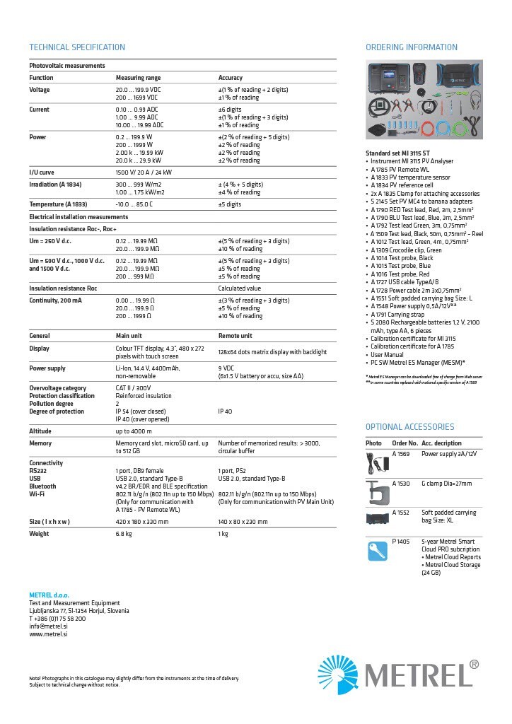Metrel MI 3115 PV Analyzer I-V Curve Tracer 1500V 20A Photovoltaic Test ...