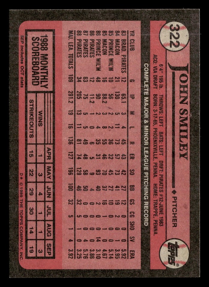 John Smiley 1989 Topps #322 Pittsburgh Pirates Baseball *144C | eBay