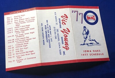 1977 Iowa Oaks Pocket Schedule Baseball Sports Ephemera Paper Vic Young ...