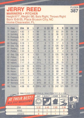 Jerry Reed 1988 Fleer 387 Seattle Mariners BASEBALL Card | eBay