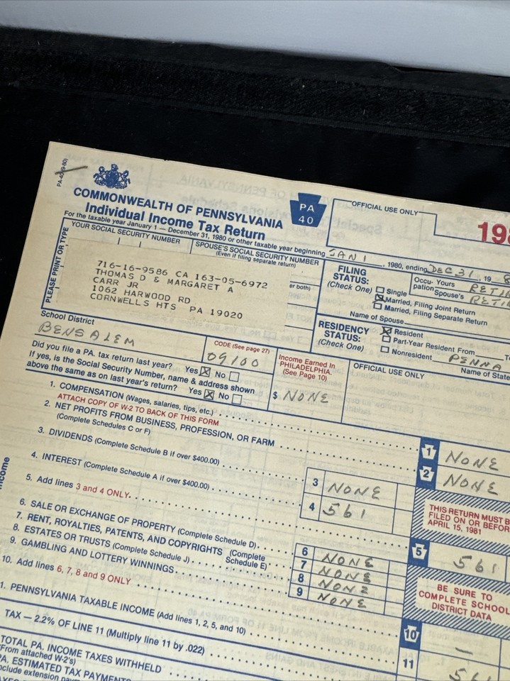 Vtg - 1980 & 1981 Federal Income Tax Form 1040 + Pennsylvania State Tax ...
