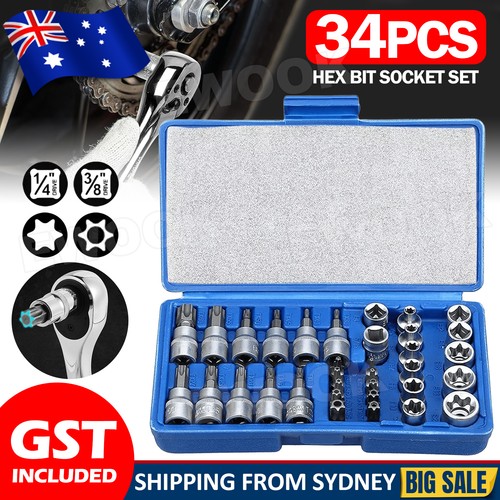 34X Socket Set Female Start Bit External Hex Torque Tool Garage Car 3/8 ...
