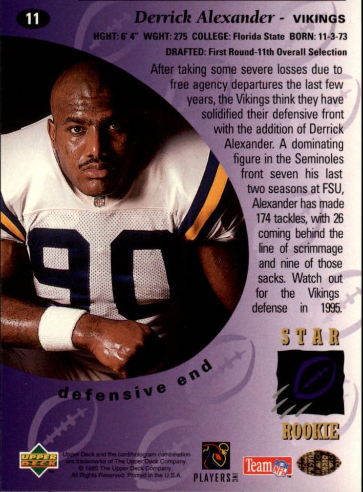 1995 Upper Deck Football Card #11 Derrick Alexander DE Rookie | eBay