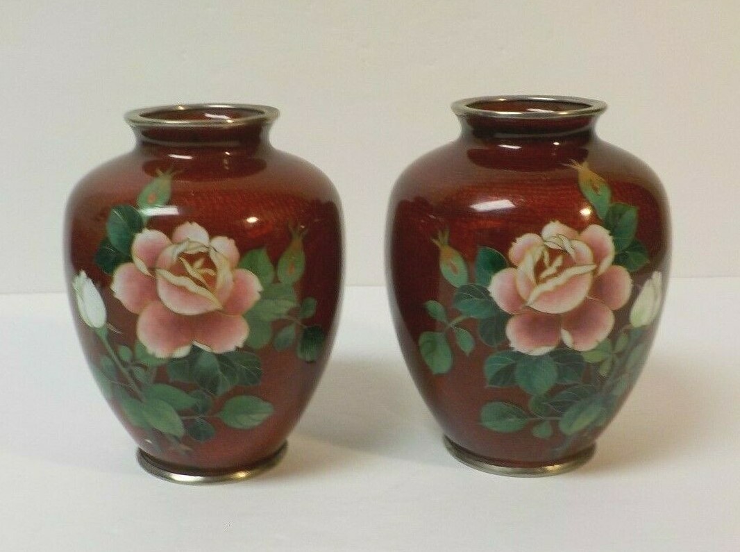 Pair Japanese GINBARI Cloisonne AKASUKE Pigeon Blood Vases, Nickle ...
