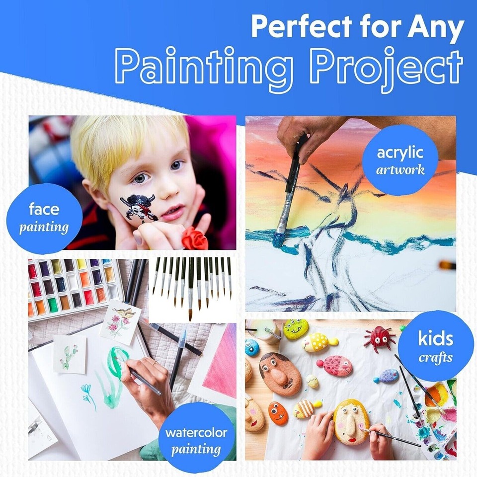 9PC FLAT TIP ARTISTS PAINT BRUSH SET FINE THIN WIDE BRUSHES SMALL LARGE ...