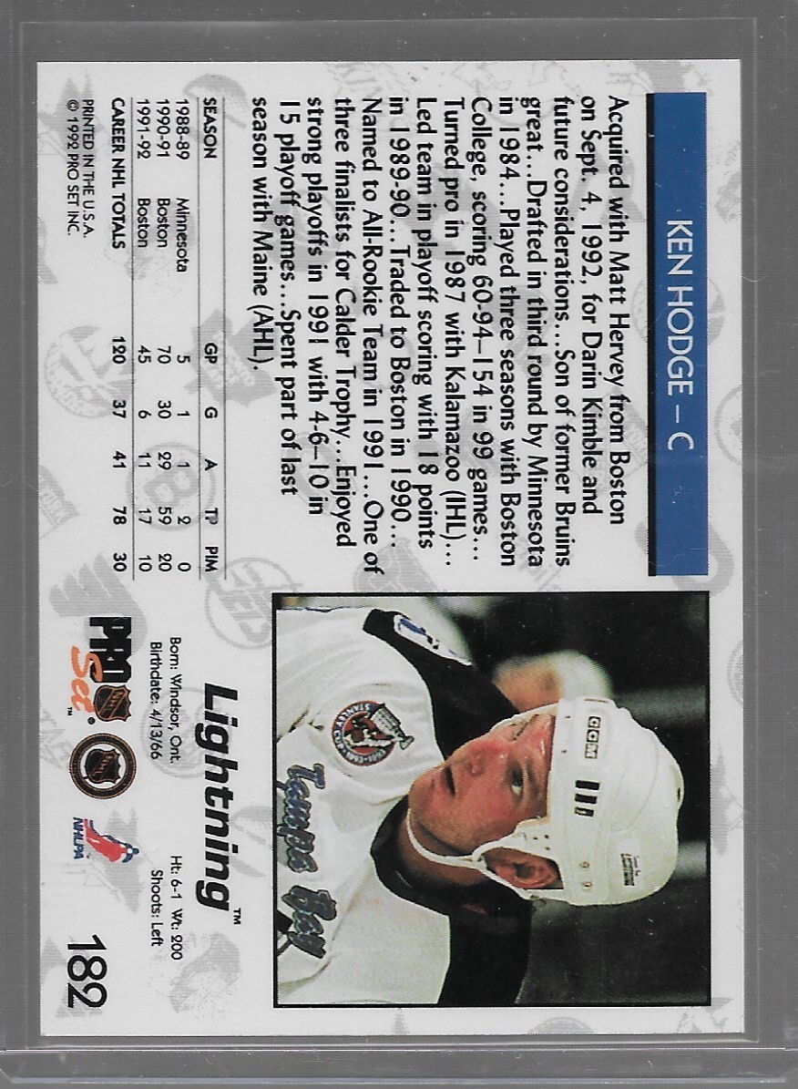 1992-93 Pro Set Ken Hodge #182 Tampa Bay Lightning Signed Autographed ...