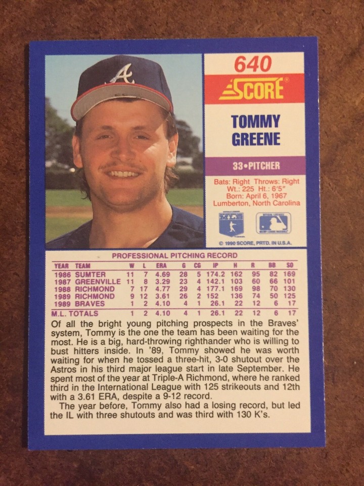 Tommy Greene 640 Score 1990 Rookie MLB Baseball Trading Card | eBay