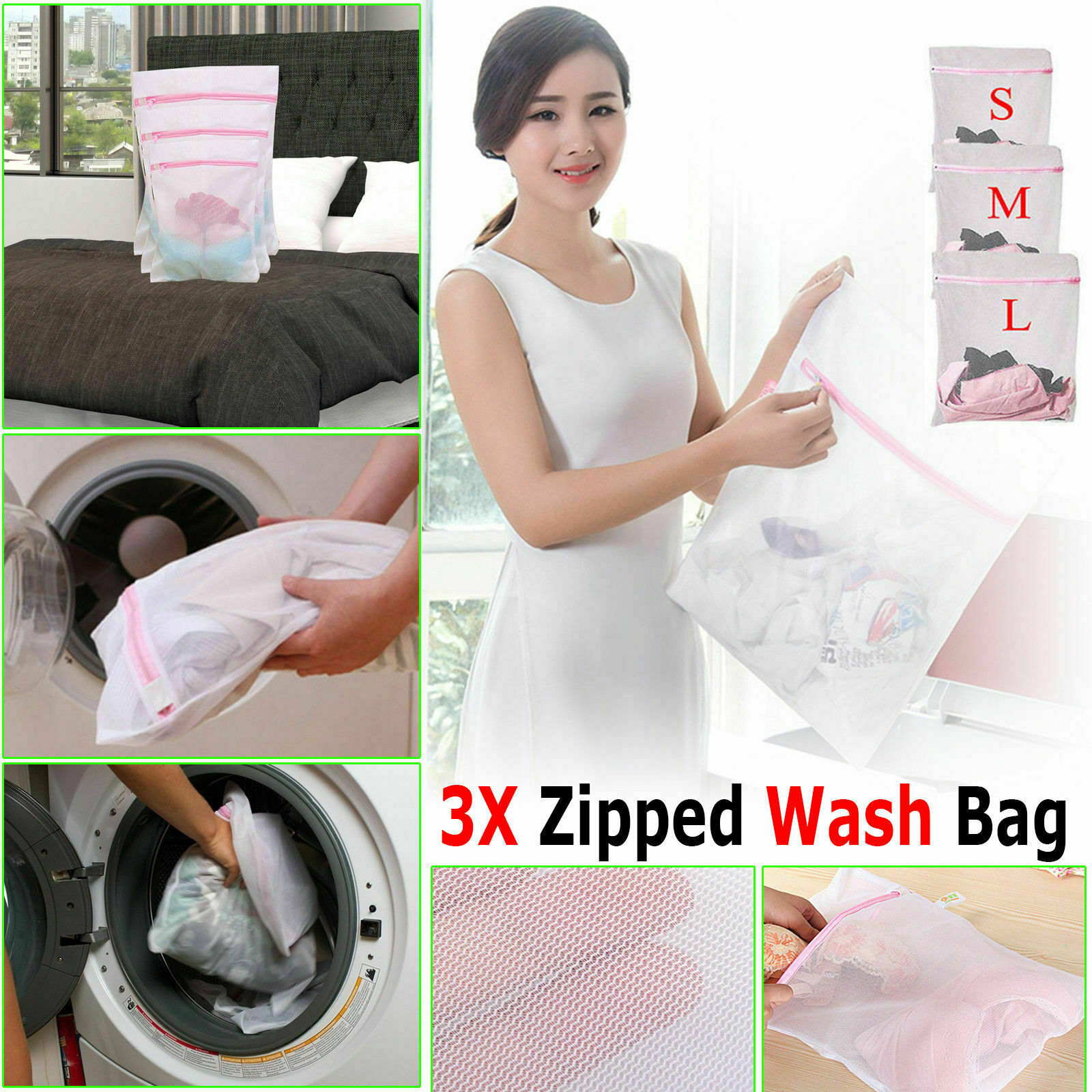 3 x Zipped Laundry Washing Mesh Net Bra Sox Underwear Washing Machine ...