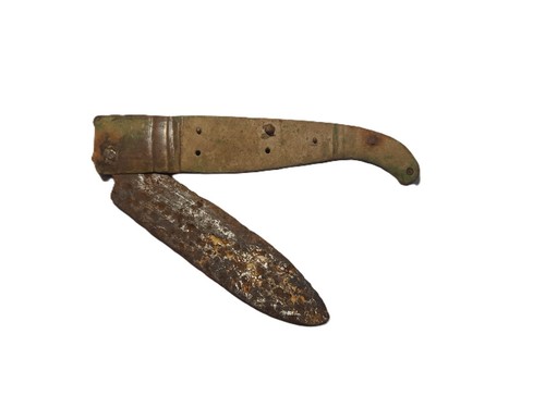 Ancient folding razor knife. Cossacks. Iron. Copper handle. 17-18 ...