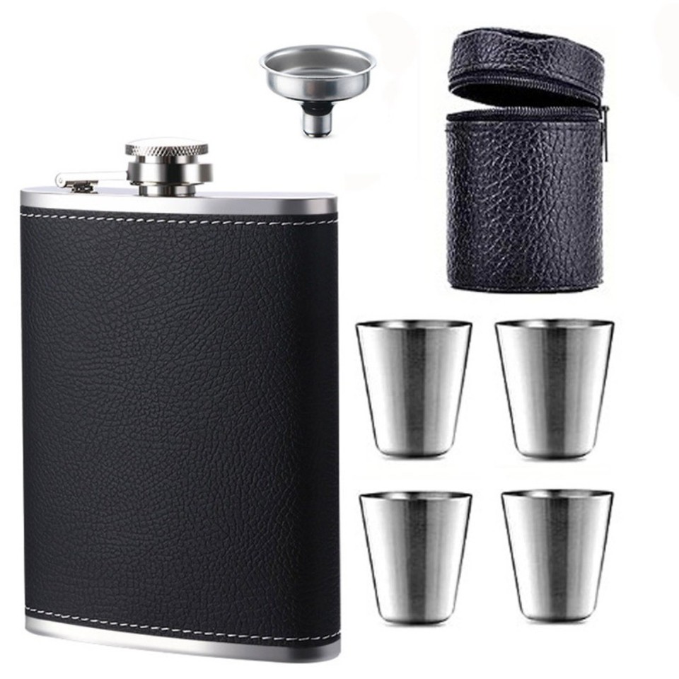 8Oz Stainless Steel Flagon Leather Texture Hip Flask Leakproof Whiskey ...