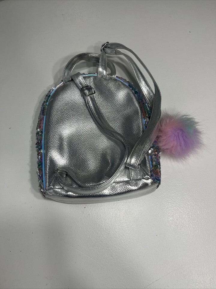 Justice Girls Small Silver Sequin Backpack INITIAL "K" Green & Pink Pom ...