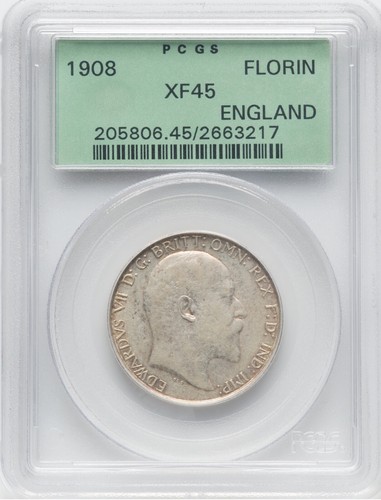 GREAT BRITAIN EDWARD VII 1908 FLORIN SILVER COIN, PCGS CERTIFIED XF45 ...