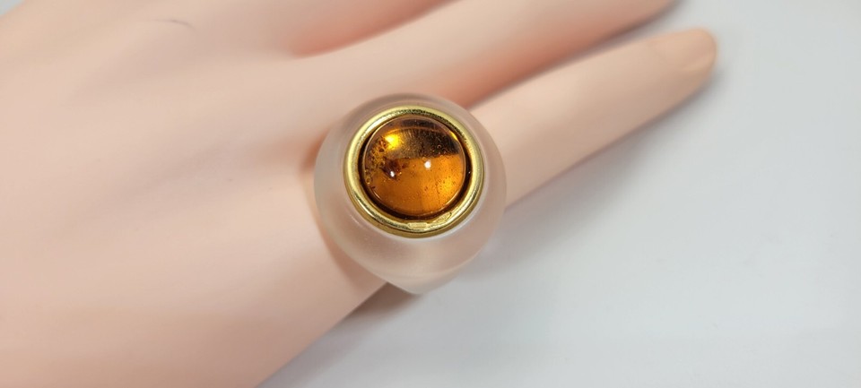 Chunky Clear Frosted Lucite 14K Bezel Set Amber Artisan Crafted Ring ...