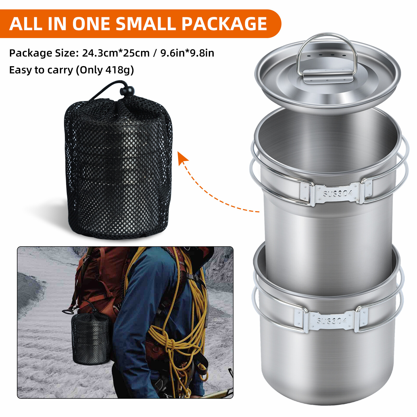 Set of 2 Stackable Camping Mugs Stainless Steel with Storage Bag ...